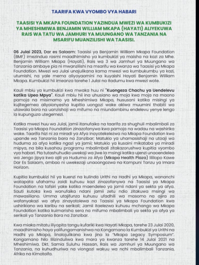 TAASISI YA MKAPA FOUNDATION YAZINDUA WIKI YA KUMBUKIZI YA HAYATI RAIS ...