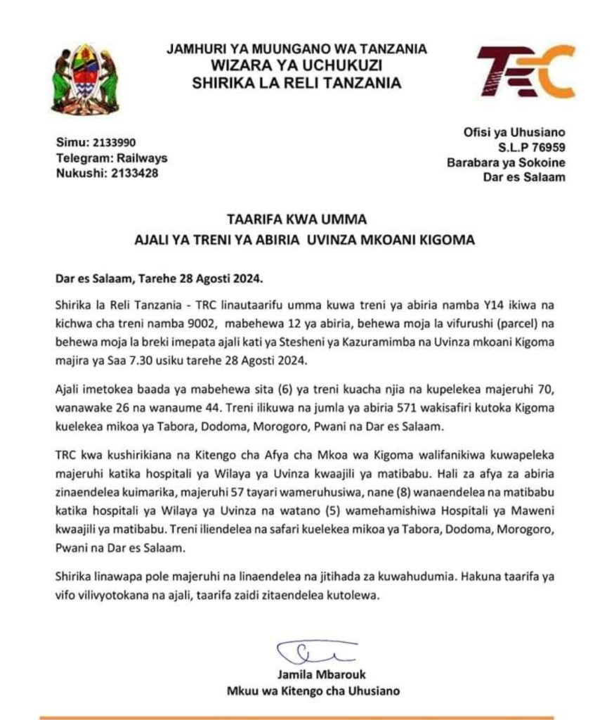 TRENI LA ABIRIA KIGOMA – TABORA LAPATA AJALI UVINZA KIGOMA – Full ...