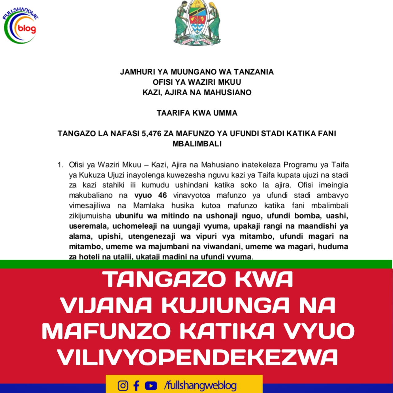 TANGAZO KWA VIJANA KUJIUNGA NA MAFUNZO KATIKA VYUO VILIVYOPENDEKEZWA ...